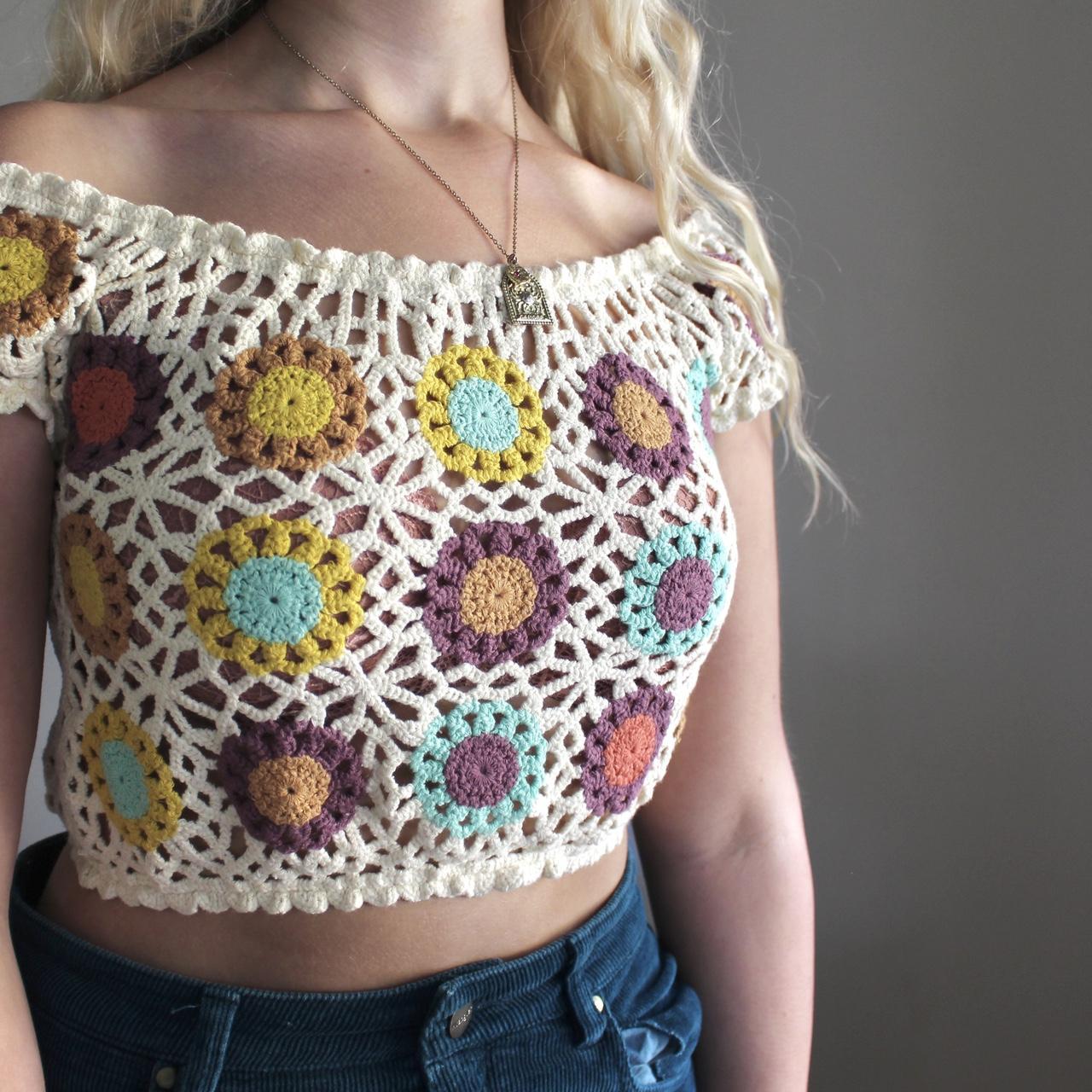 crochet crop top -floral crochet top from ghanda... - Depop