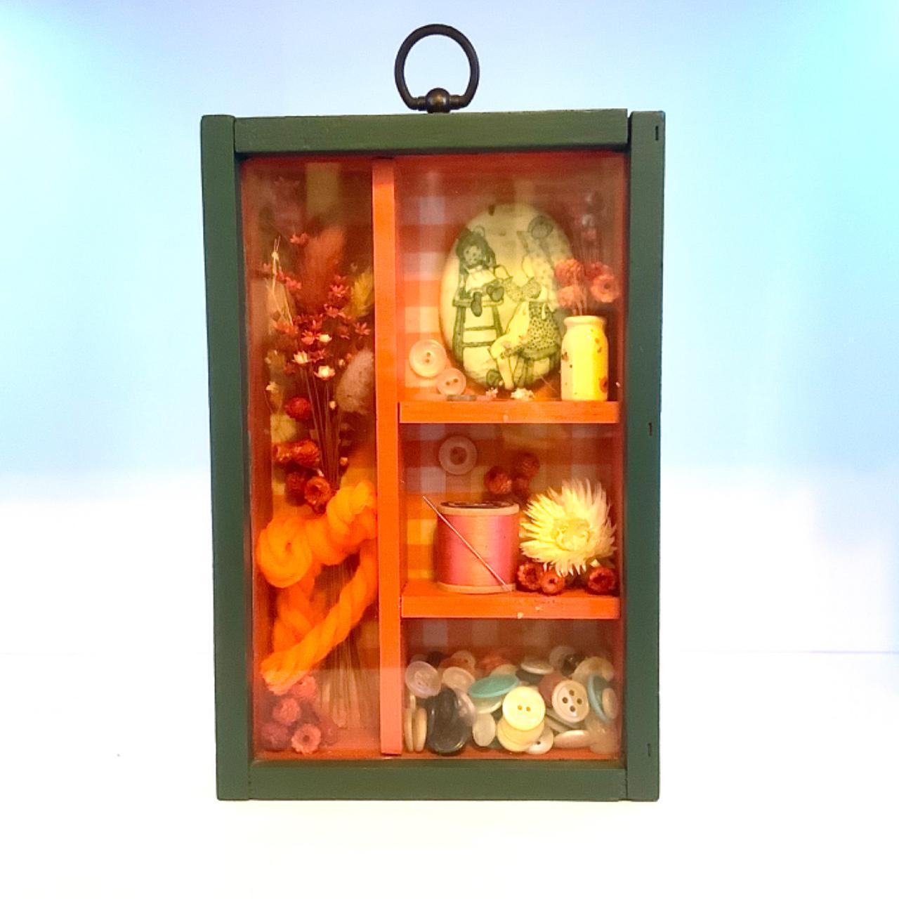Vintage sewing-themed shadow box. Featuring chunky... - Depop