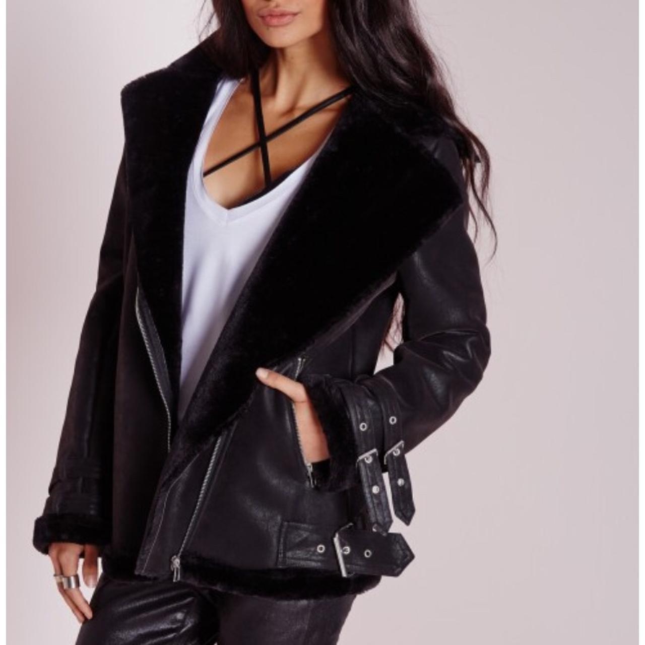 Missguided black faux shearling lined aviator jacket... - Depop