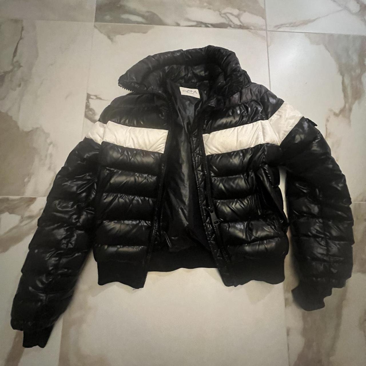 Super cute black shiny puffer jacket with a gray and... - Depop