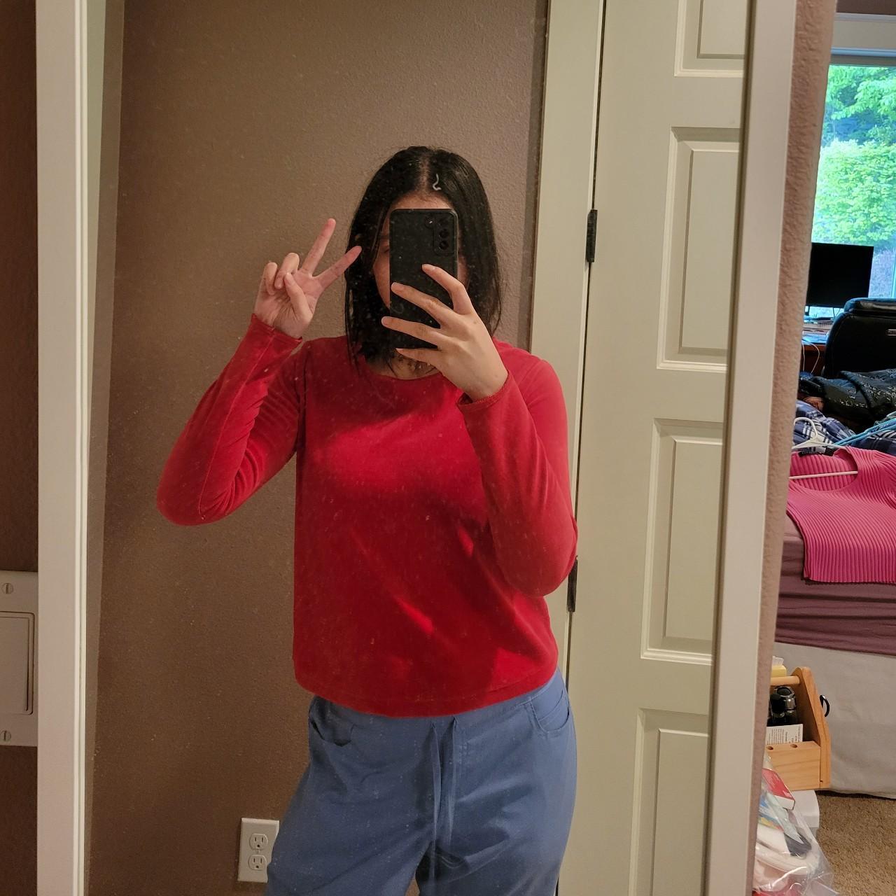 Cute red "a little" cropped long velvety shirt. - Depop