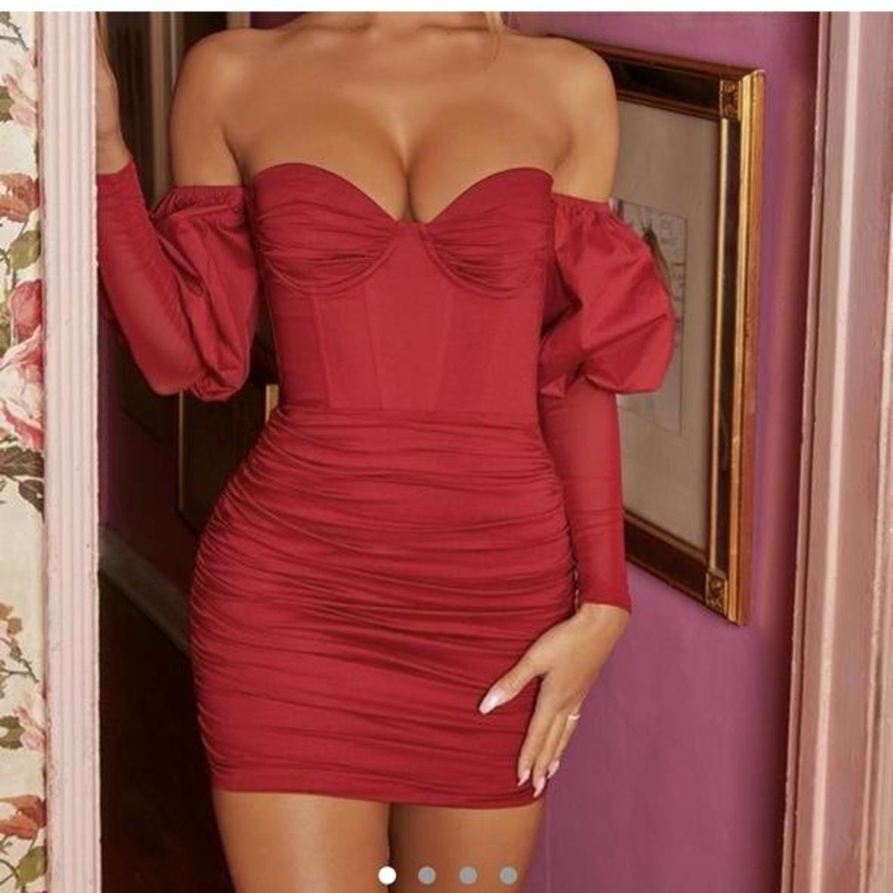 ️oh Polly Ruched Bardot Mini Dress With Puff Sleeve Depop