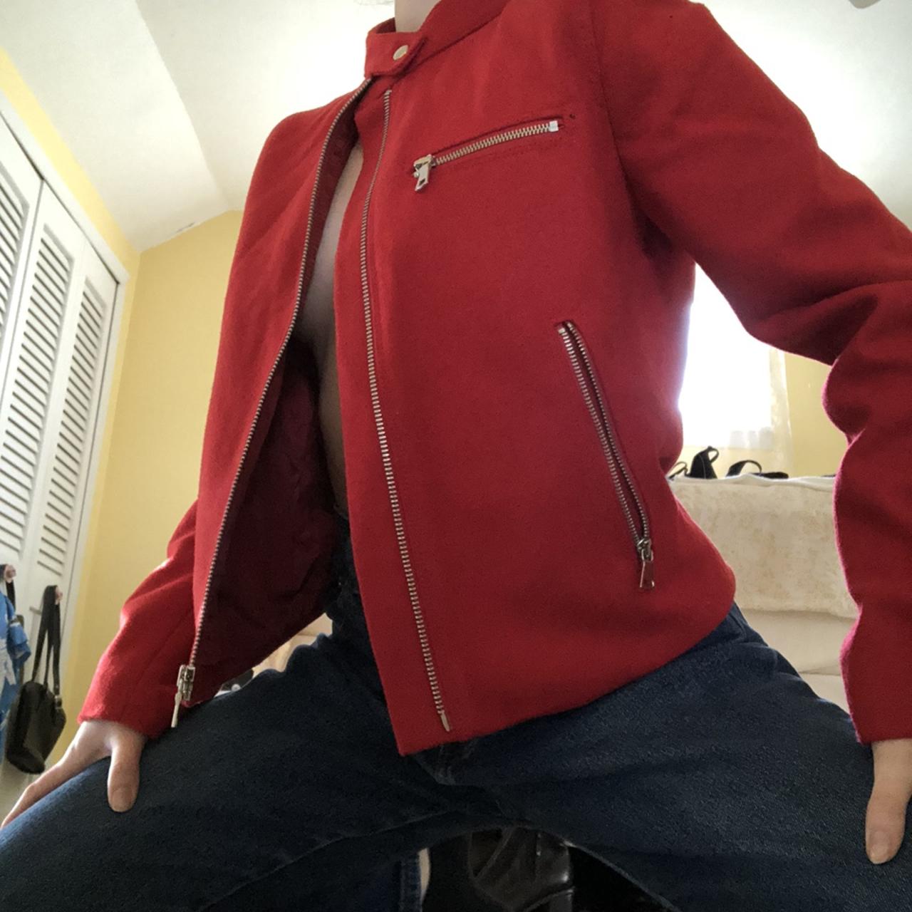 Red Gap cropped moto jacket, wool and polyester... - Depop