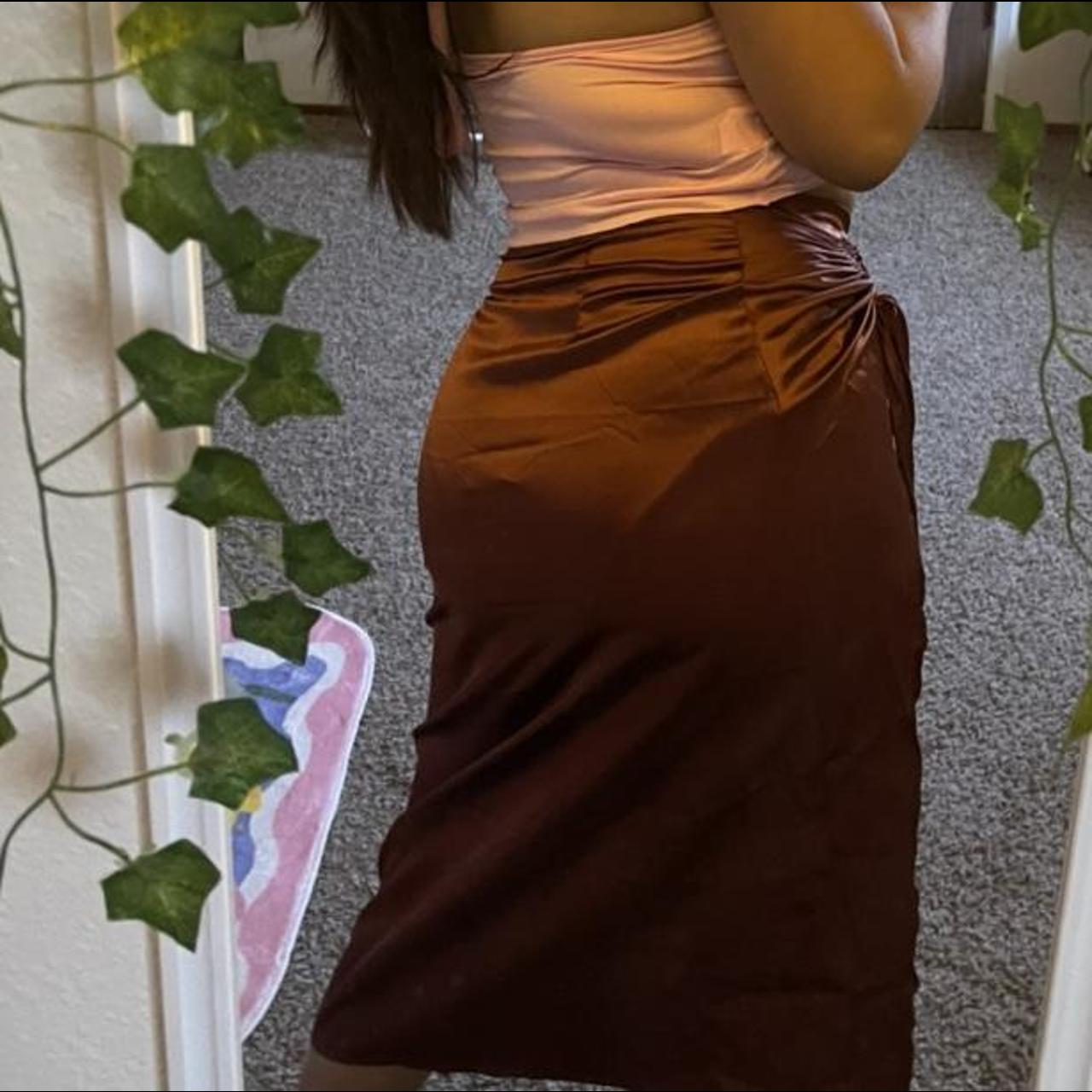 Midi Brown Satin Skirt Slit On The Left Side And Depop