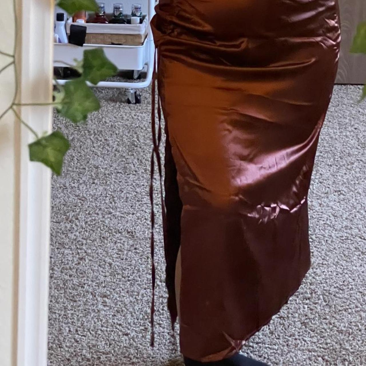 Midi Brown Satin Skirt Slit On The Left Side And Depop
