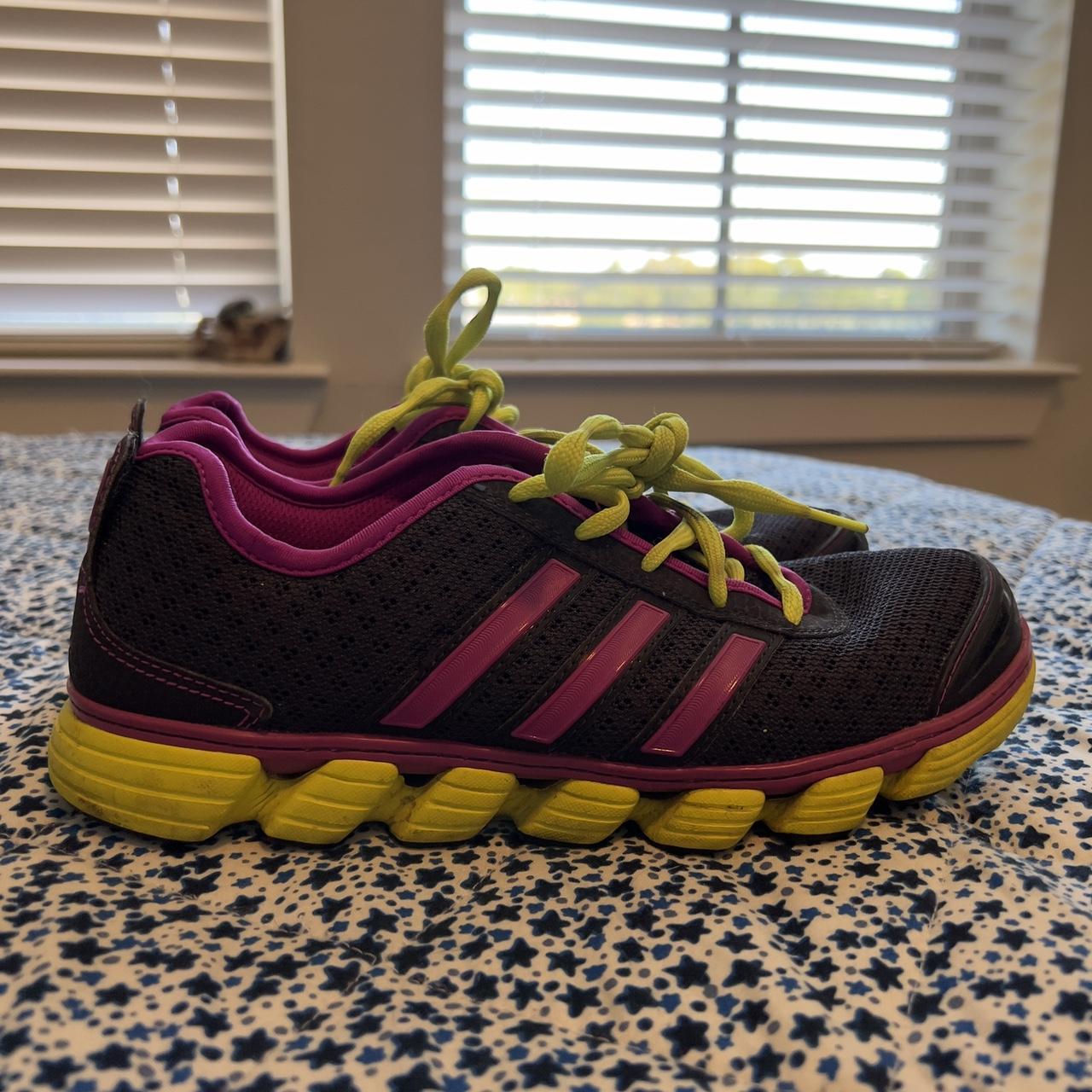 Adidas neon green and purple running shoes - lightly... - Depop