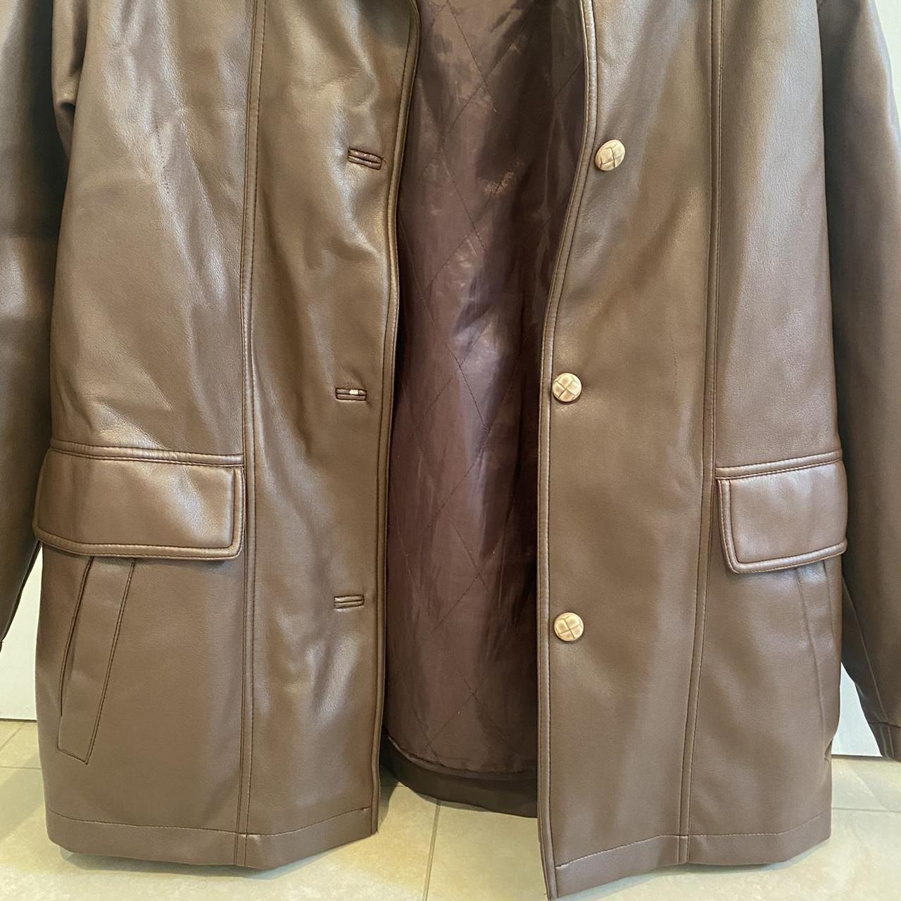 Brown pleather oversized jacket. Has lining inside,... - Depop