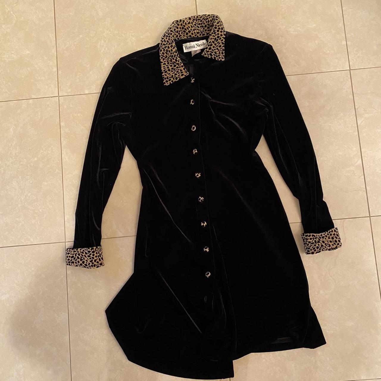 Vintage Long sleeve black velvet dress with leopard... - Depop