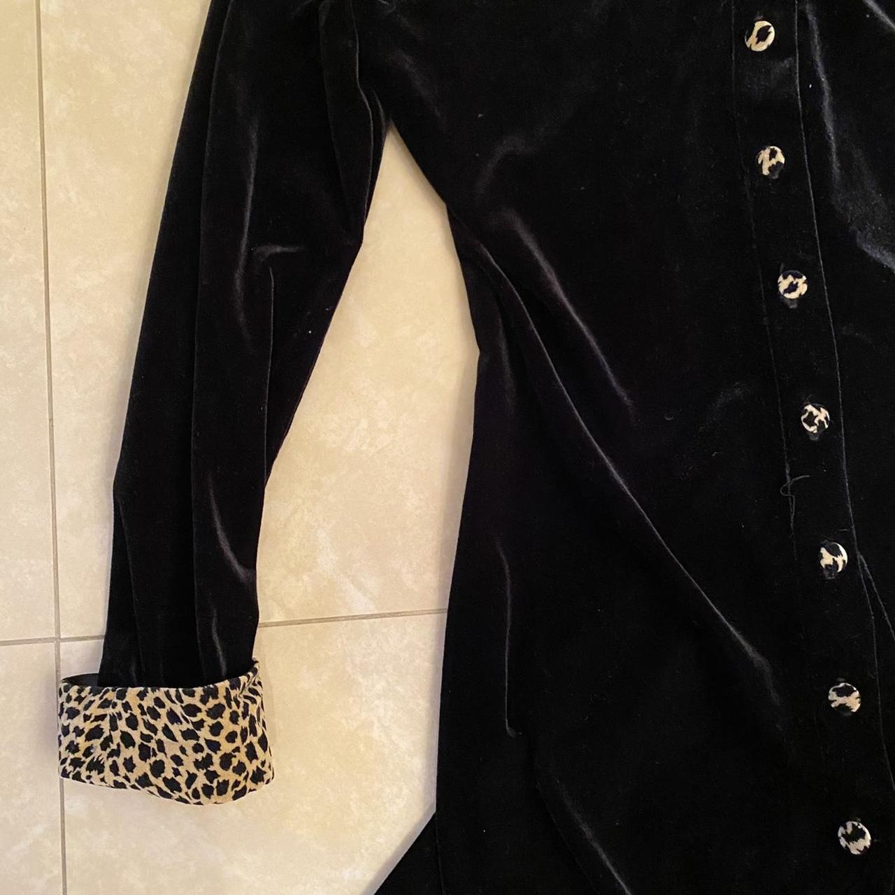 Vintage Long sleeve black velvet dress with leopard... - Depop
