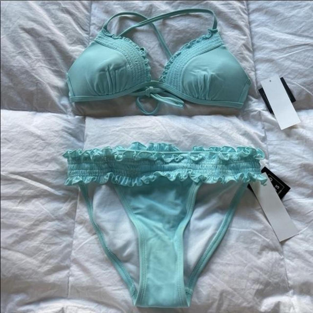 Salt + Cove Smocked Ruffled Turquoise Bikini Top and... - Depop