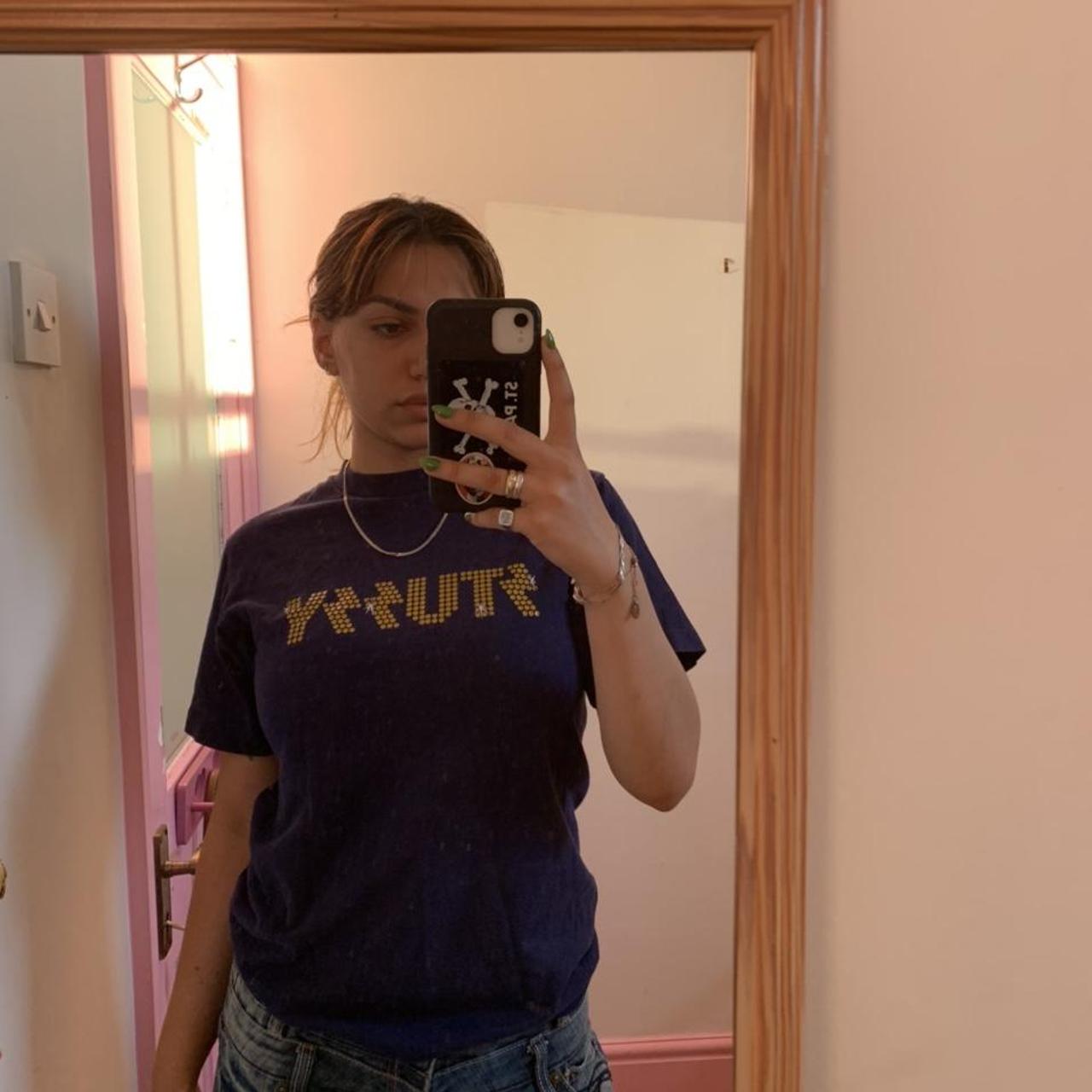 Stüssy Women's Navy and Yellow T-shirt | Depop