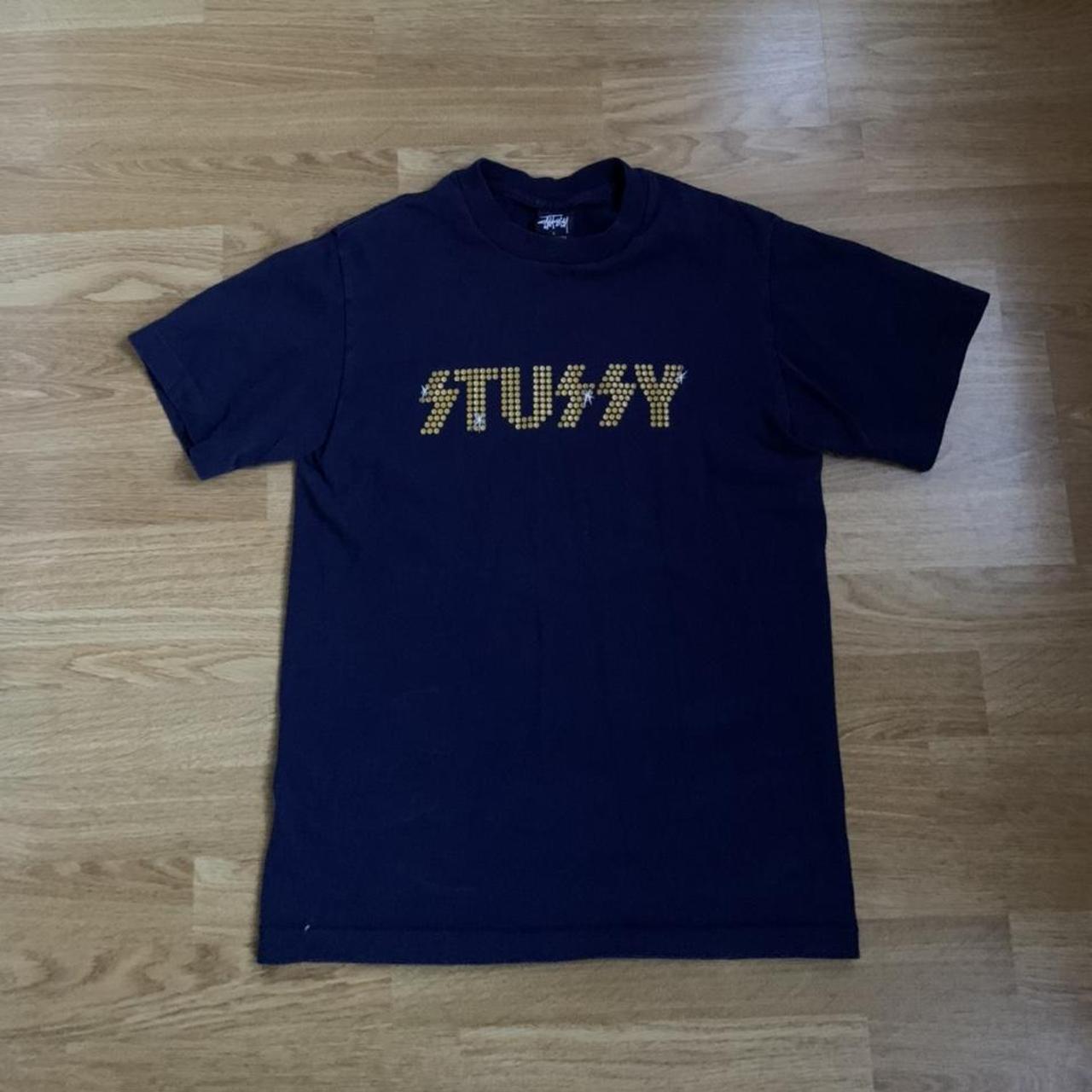 Stüssy Women's Navy and Yellow T-shirt | Depop
