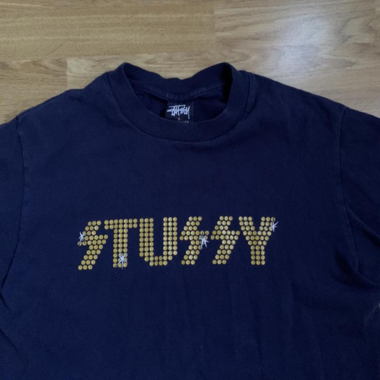 Stüssy Women's Navy and Yellow T-shirt | Depop