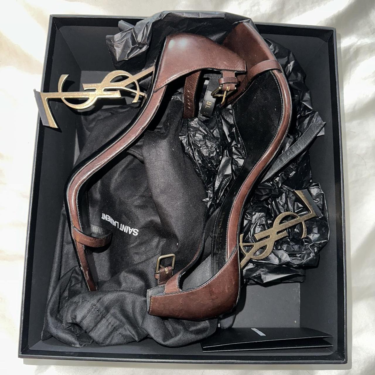 YSL Opyum Sandals in pantent brown leather with gold... - Depop