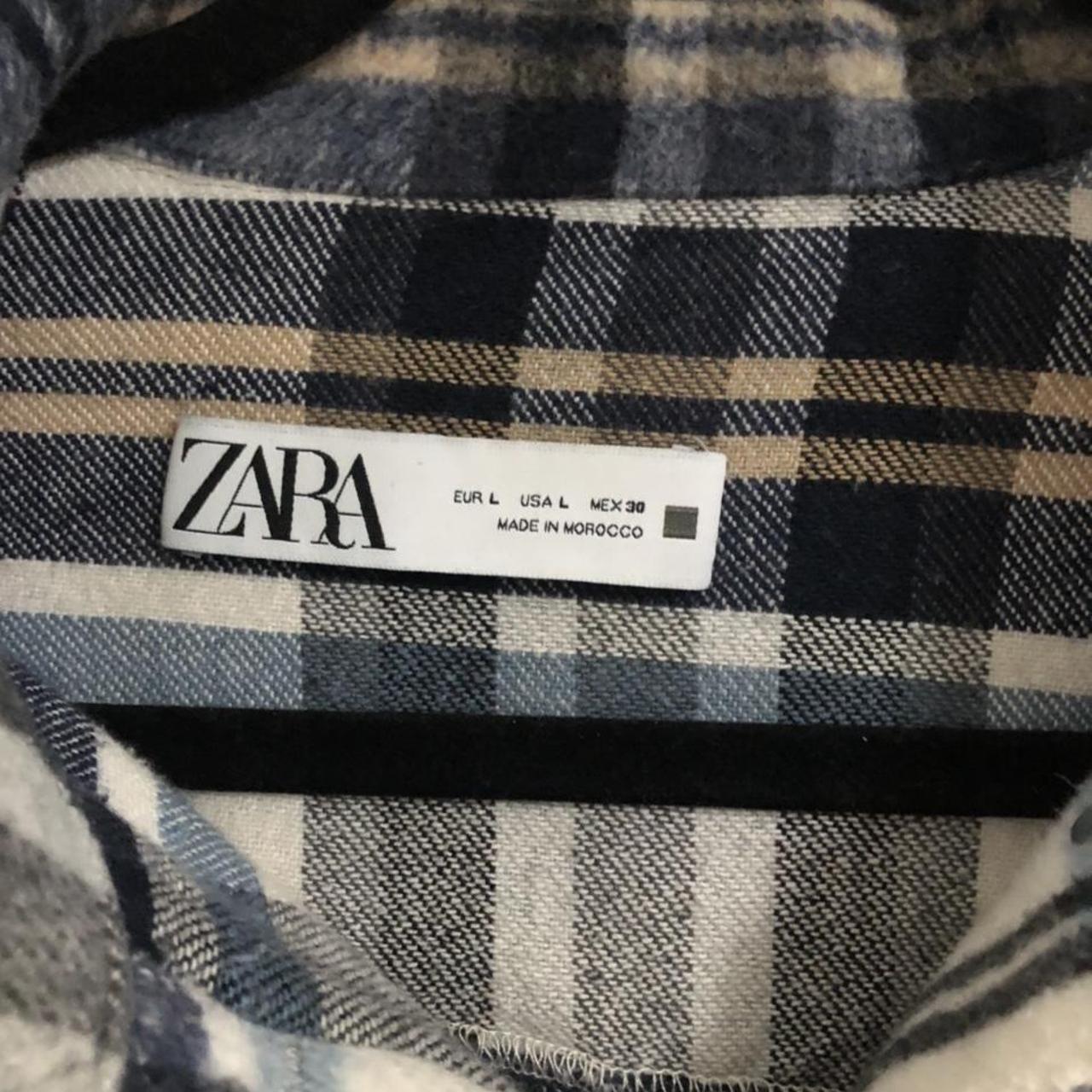 Zara blue and white checked cropped shacket Size L... - Depop