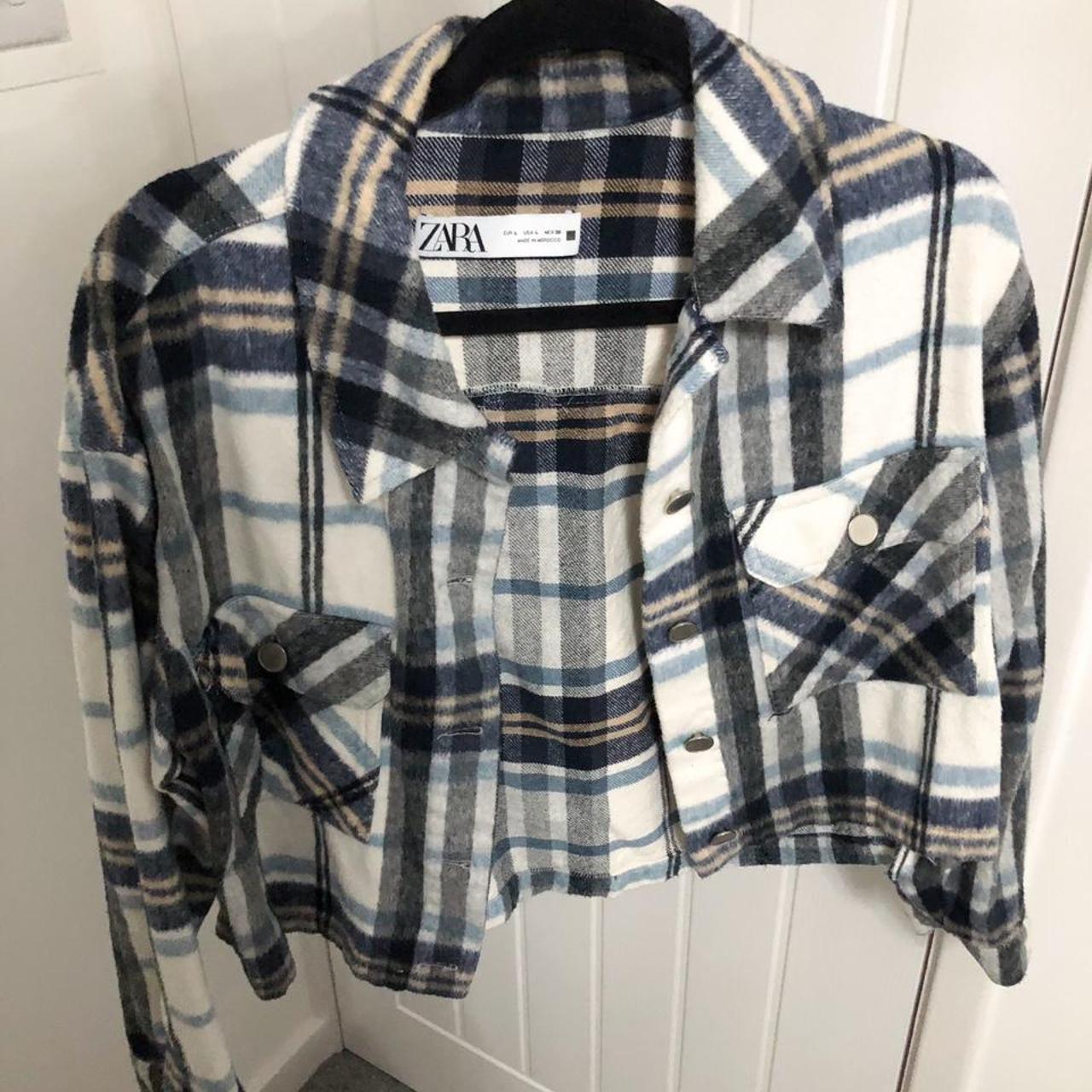 Zara blue and white checked cropped shacket Size L... - Depop