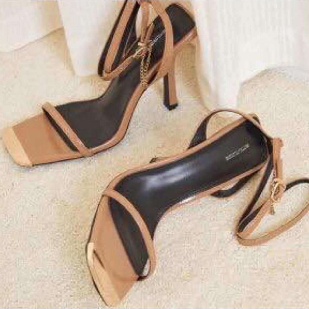 Square Toe Chain Trim Heeled Sandals Buckle... - Depop