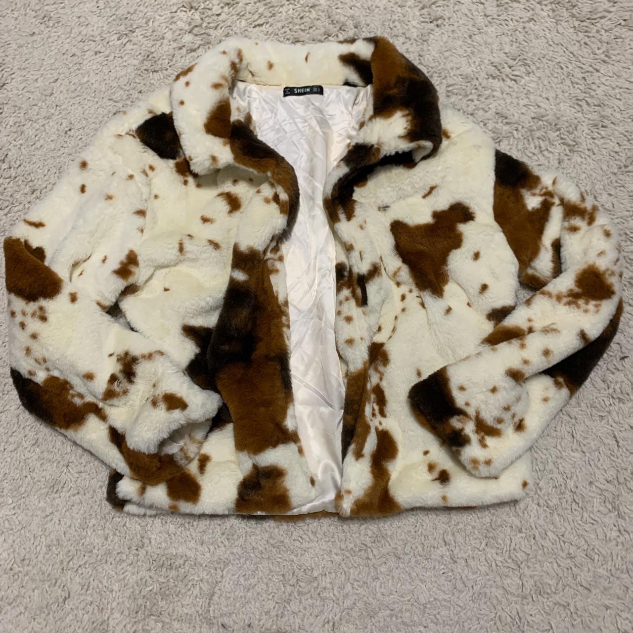 Cow Print Fuzzy Jacket Small - Depop