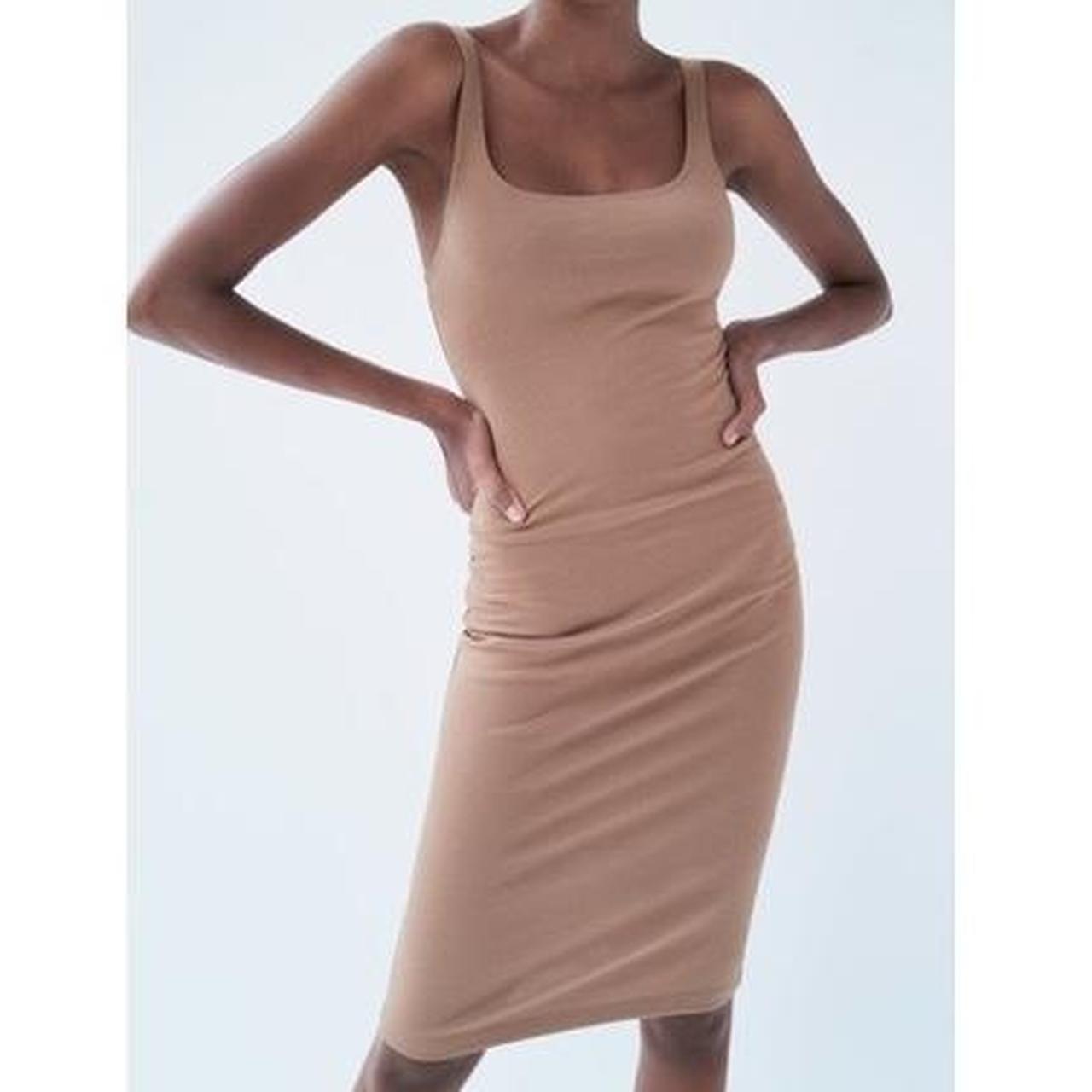 Zara bodycon nude midi dress with slit at the back.... - Depop