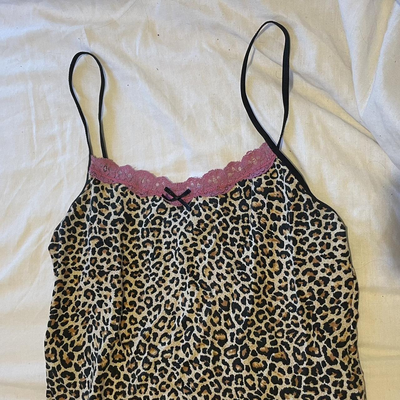 leopard print tank top with pink lace trim and bow... - Depop