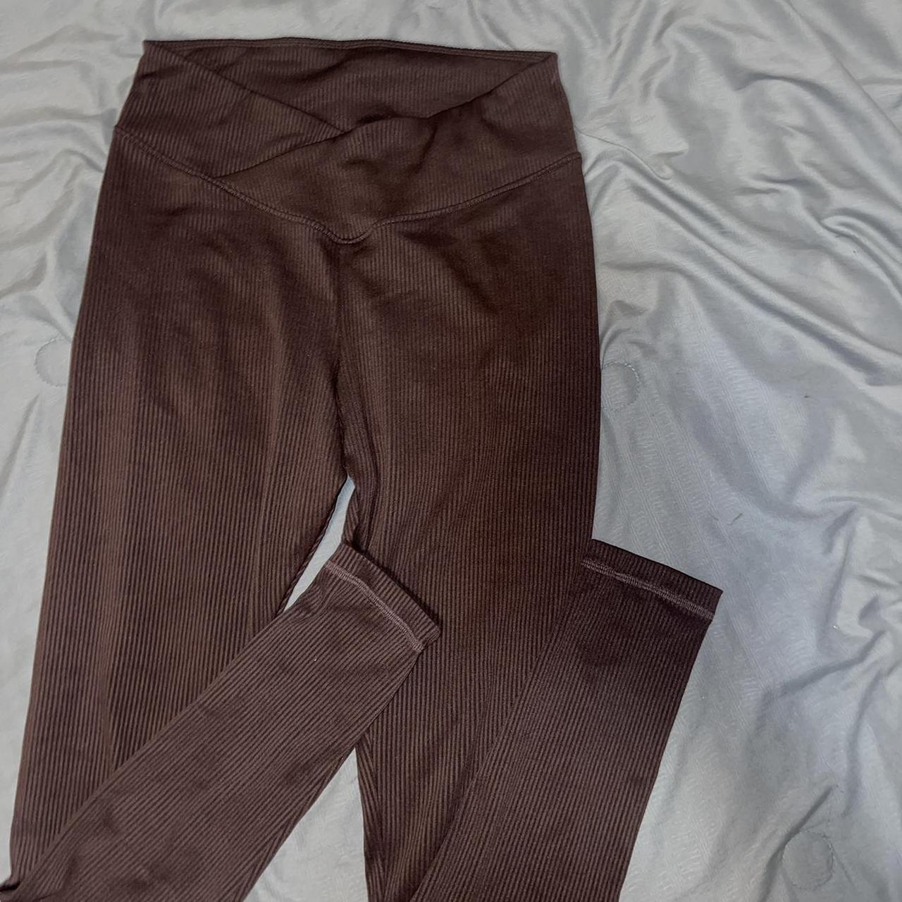 HIGH WAISTED brown ribbed leggings w/ cross waist... - Depop