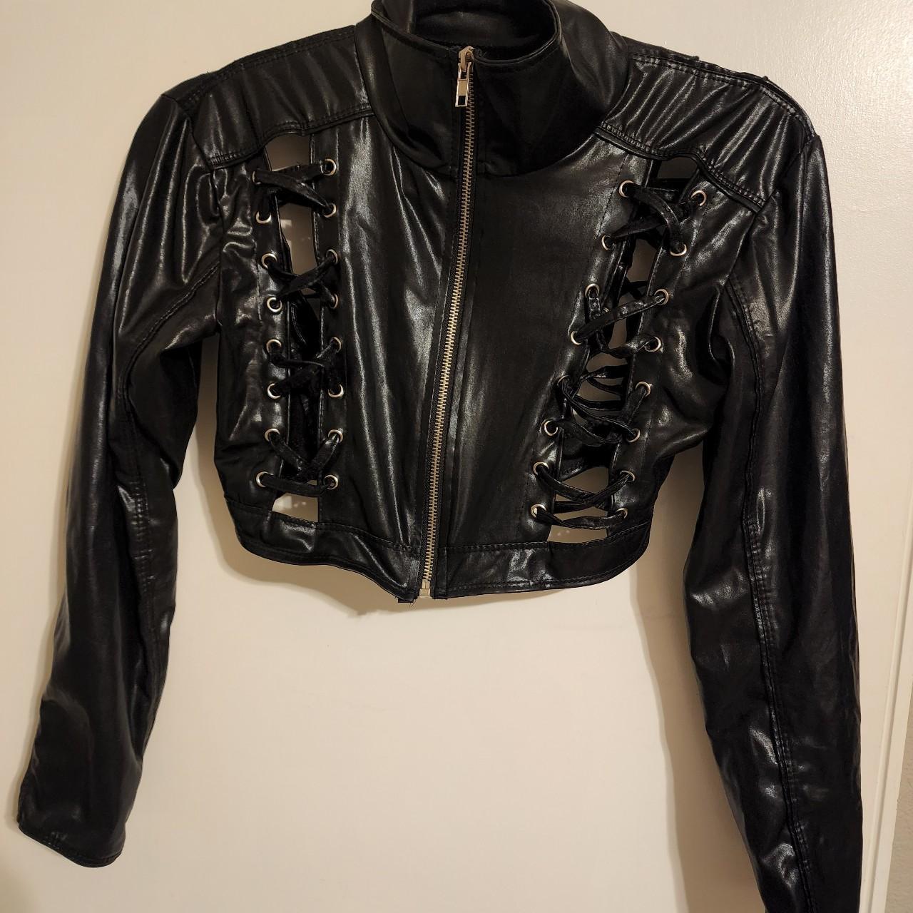 Vintage 90s PVC goth/fetish wear lace up cropped... - Depop