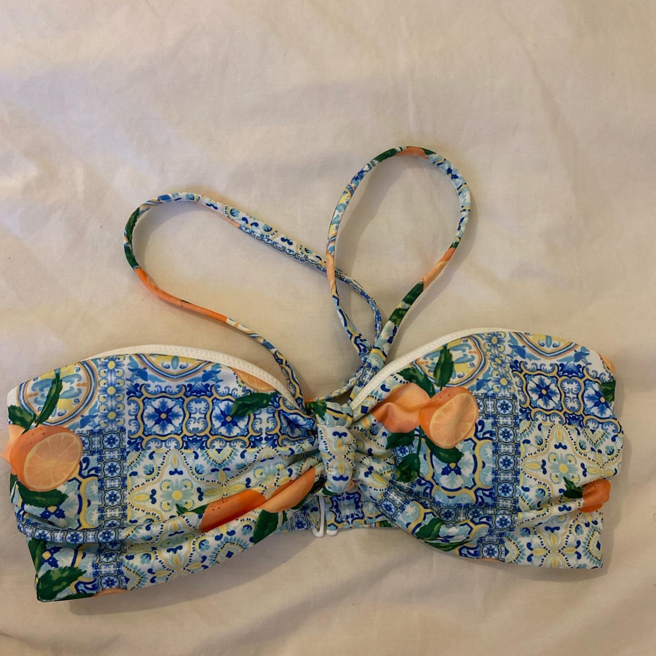 Primark Orange pattern bikini top WITH PADDING 🍊💚💙... - Depop