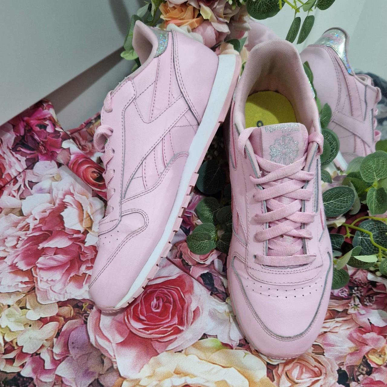 Pink reebok ortholite with silver details size 4 in... - Depop