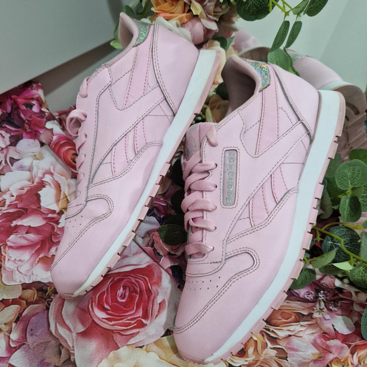 Pink reebok ortholite with silver details size 4 in... - Depop