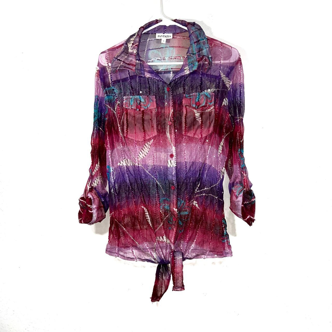 Vintage 1990s artsy colorful sheer mesh button up... - Depop