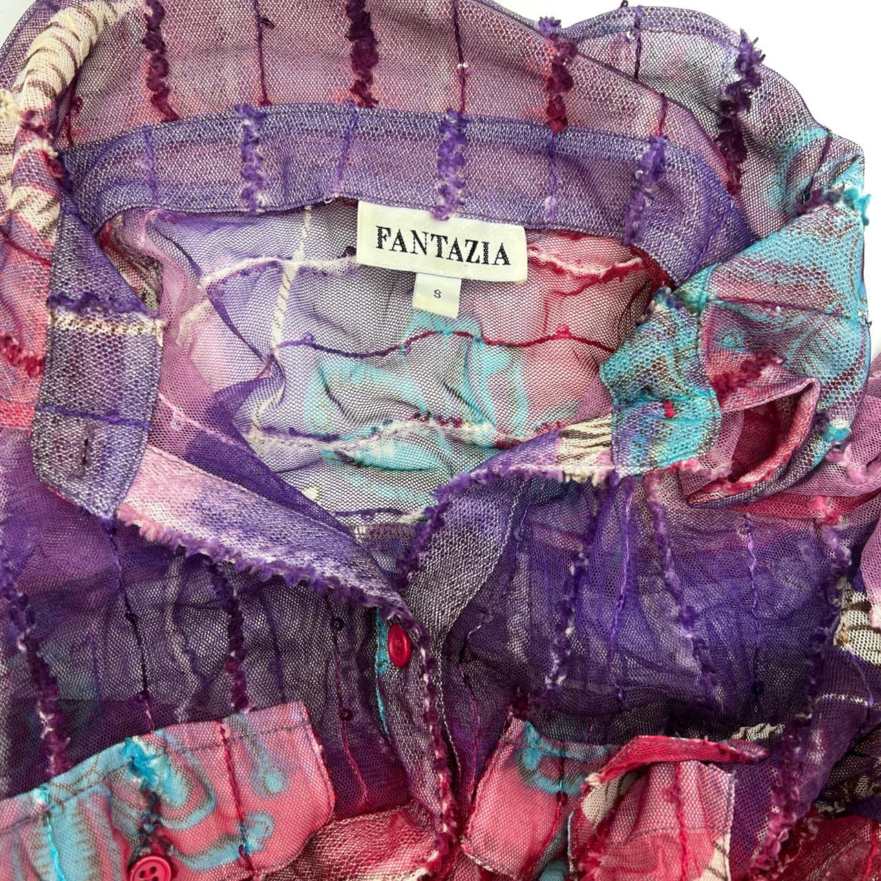 Vintage 1990s artsy colorful sheer mesh button up... - Depop