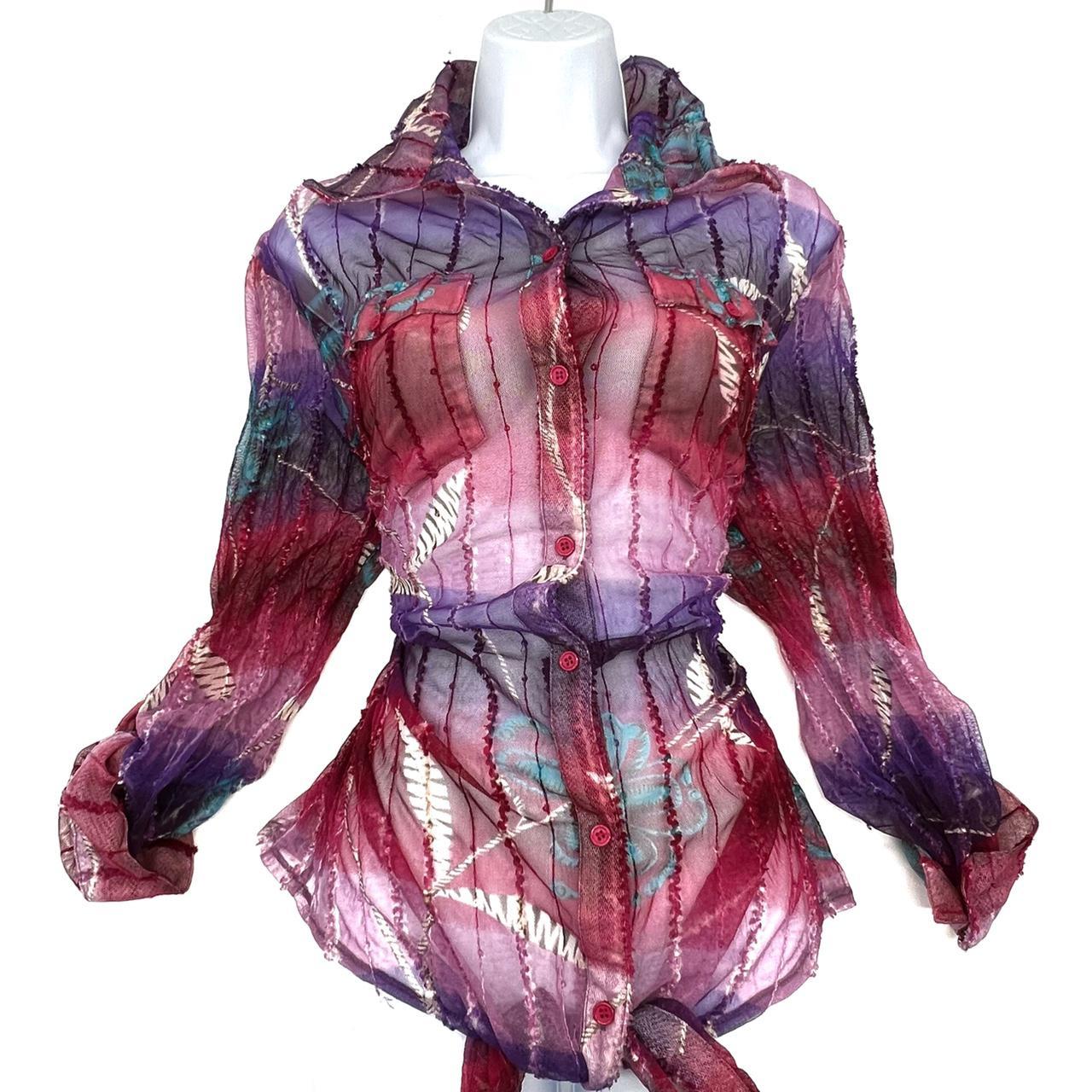 Vintage 1990s artsy colorful sheer mesh button up... - Depop