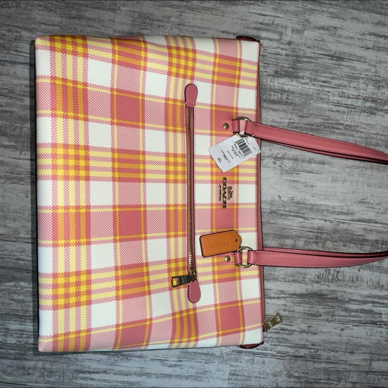 COACH pink and yellow checkered shoulder bag BRAND... - Depop