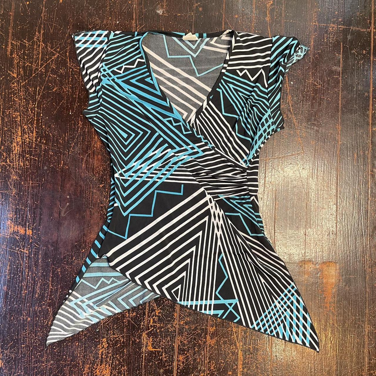 Vintage 90s Abstract geometric pixie shirt Teal,... - Depop