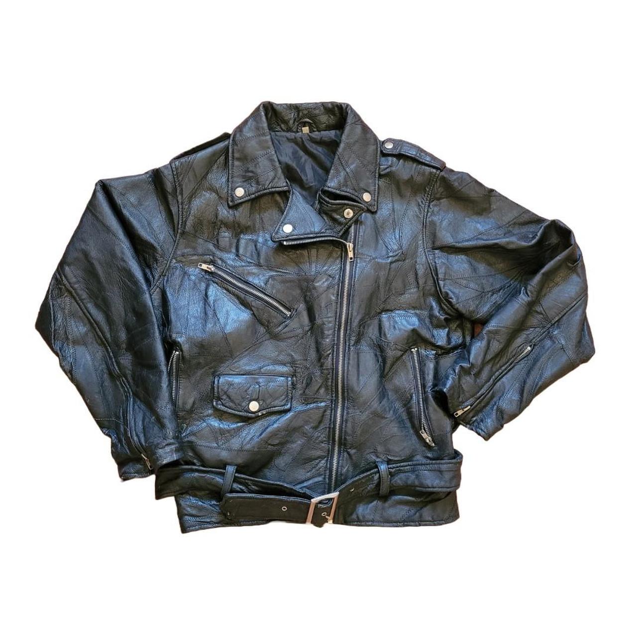 1980s patchwork leather motorcycle jacket. True 80s... - Depop