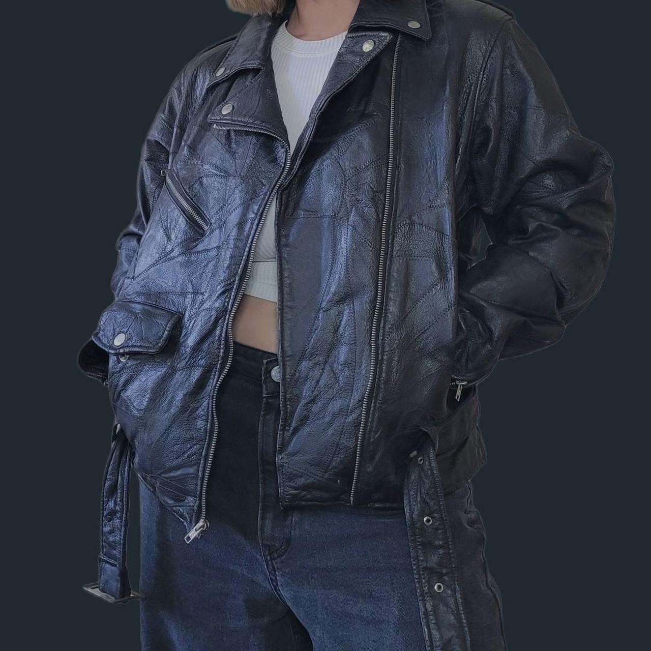 1980s patchwork leather motorcycle jacket. True 80s... - Depop