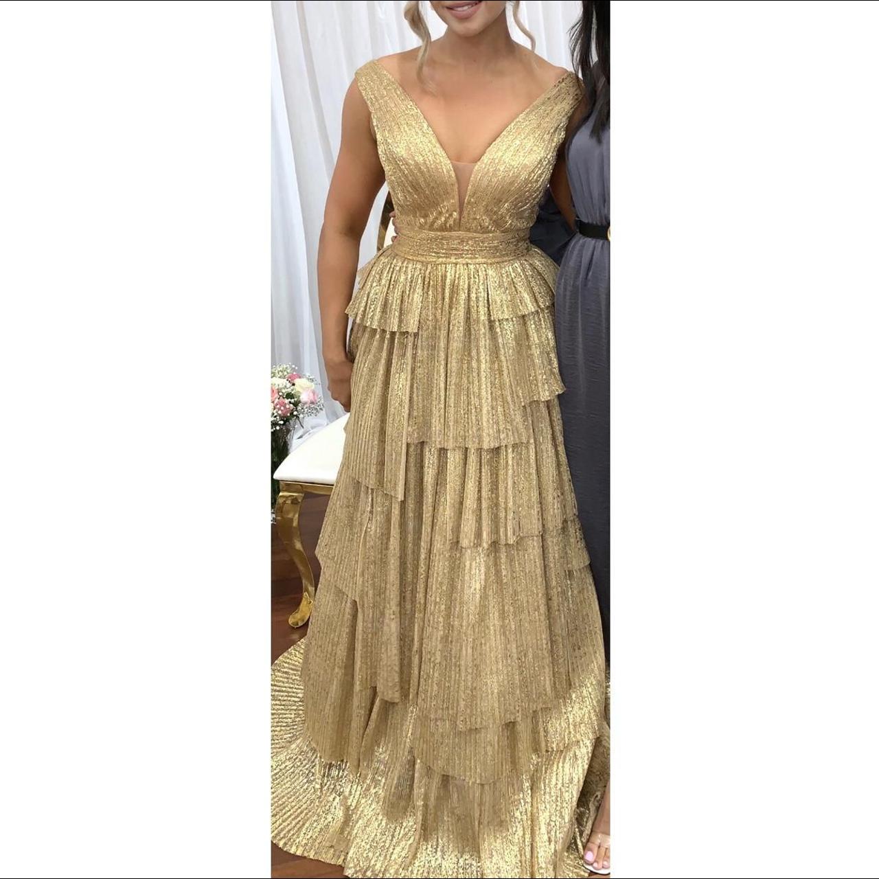 Gold Ruffle Designer Dress: Enchanting plunging... - Depop