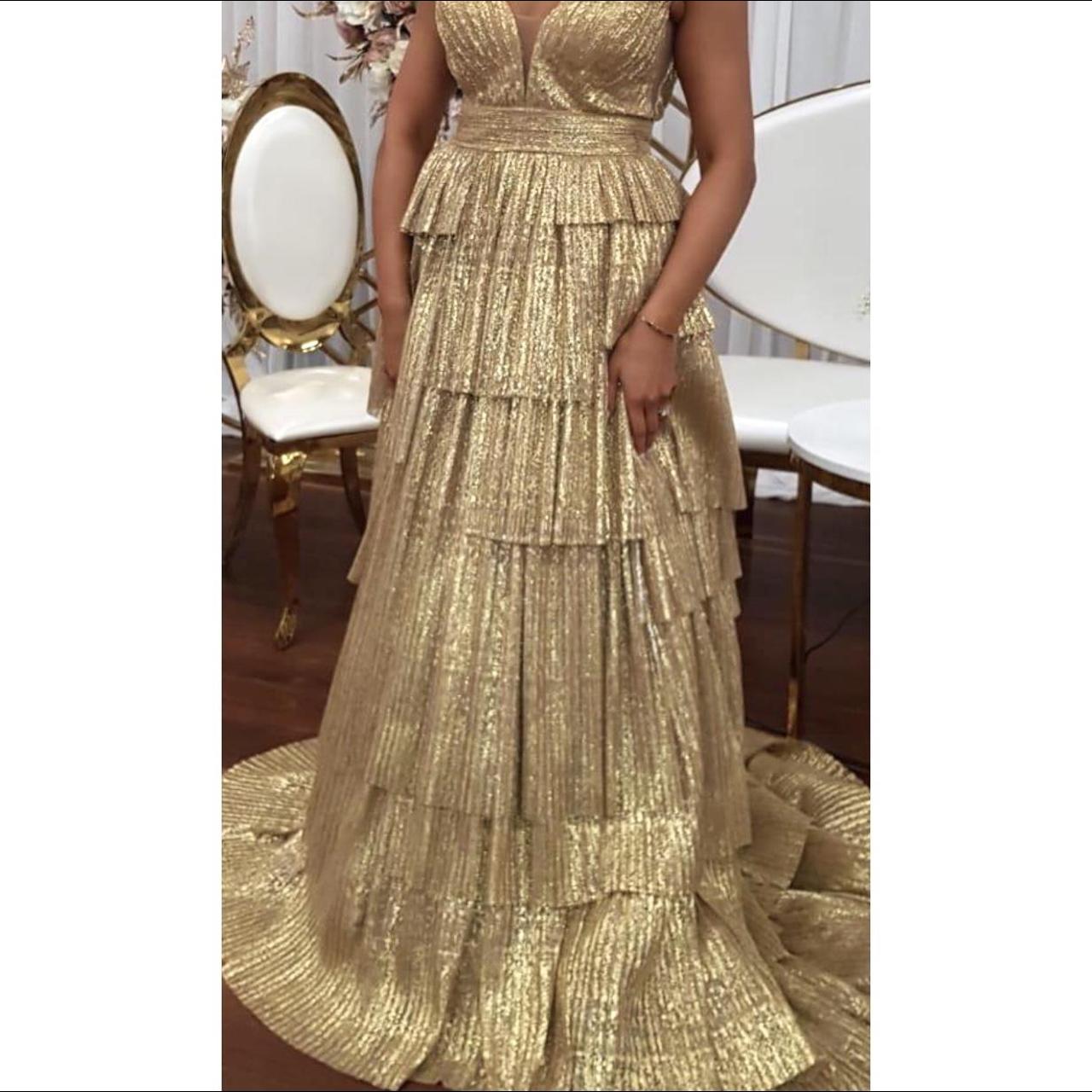 Gold Ruffle Designer Dress: Enchanting plunging... - Depop