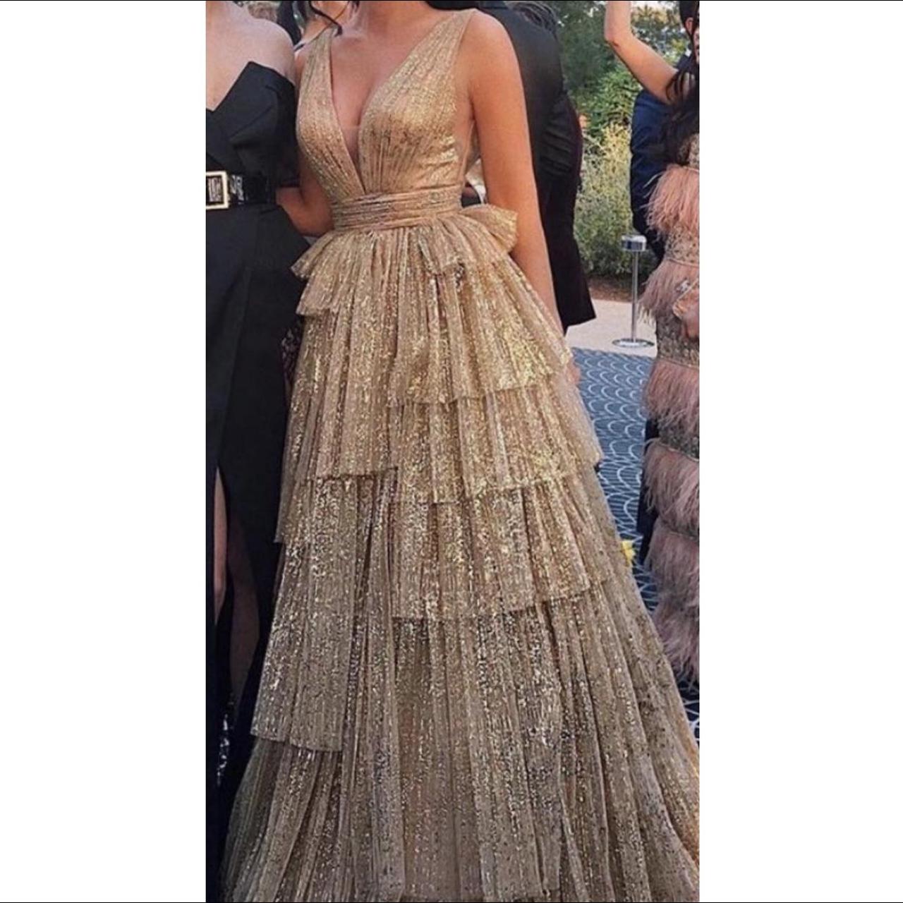Gold Ruffle Designer Dress: Enchanting plunging... - Depop