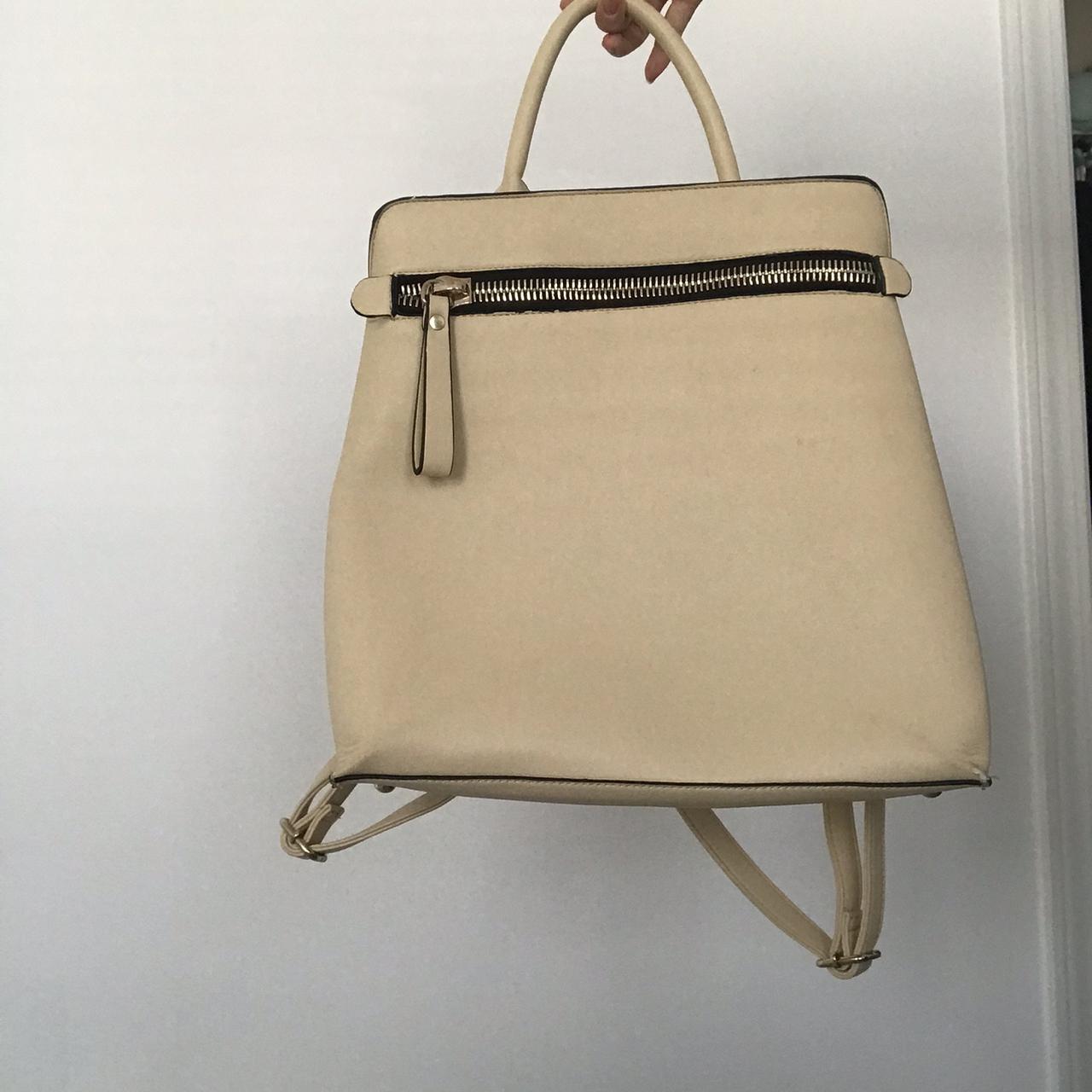 beige faux square leather backpack large zipper and... - Depop