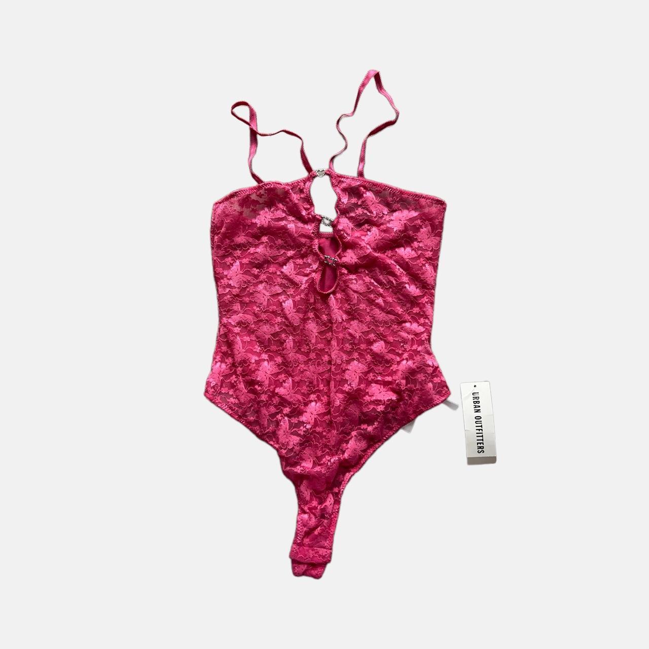Hot pink lace diamanté y2k bodysuit top from urban... - Depop