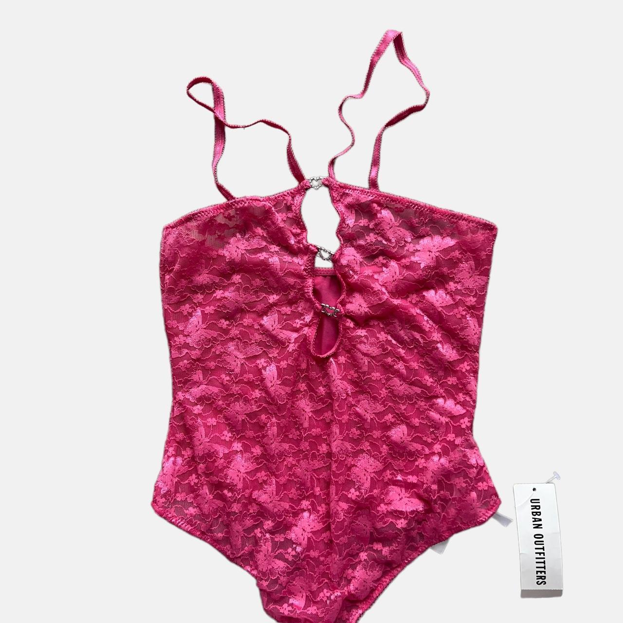 Hot pink lace diamanté y2k bodysuit top from urban... - Depop
