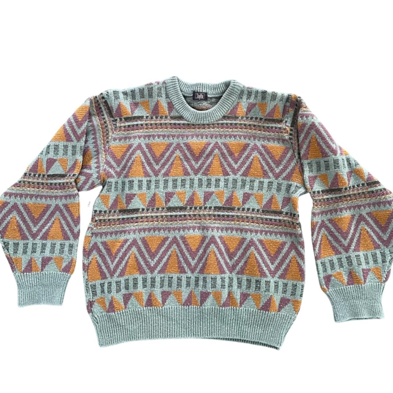 Green, Red and Brown Aztec Geometric Knitted... - Depop