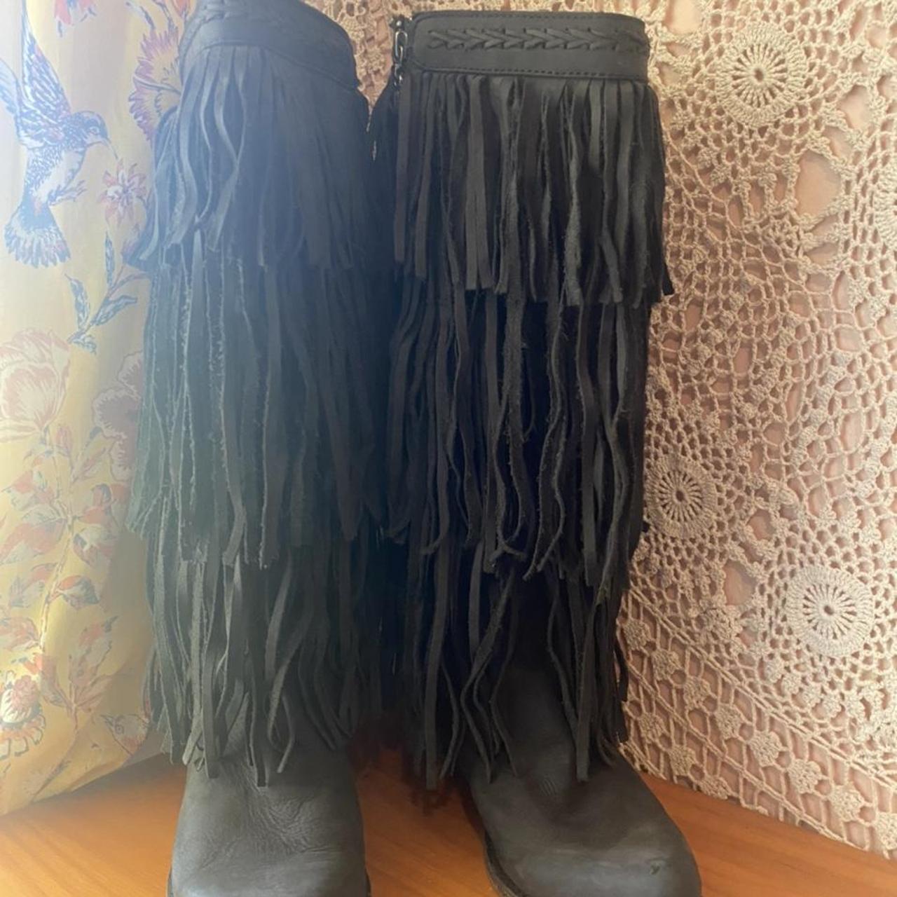Gorgeous Liberty Black knee high fringe boots in... | Depop