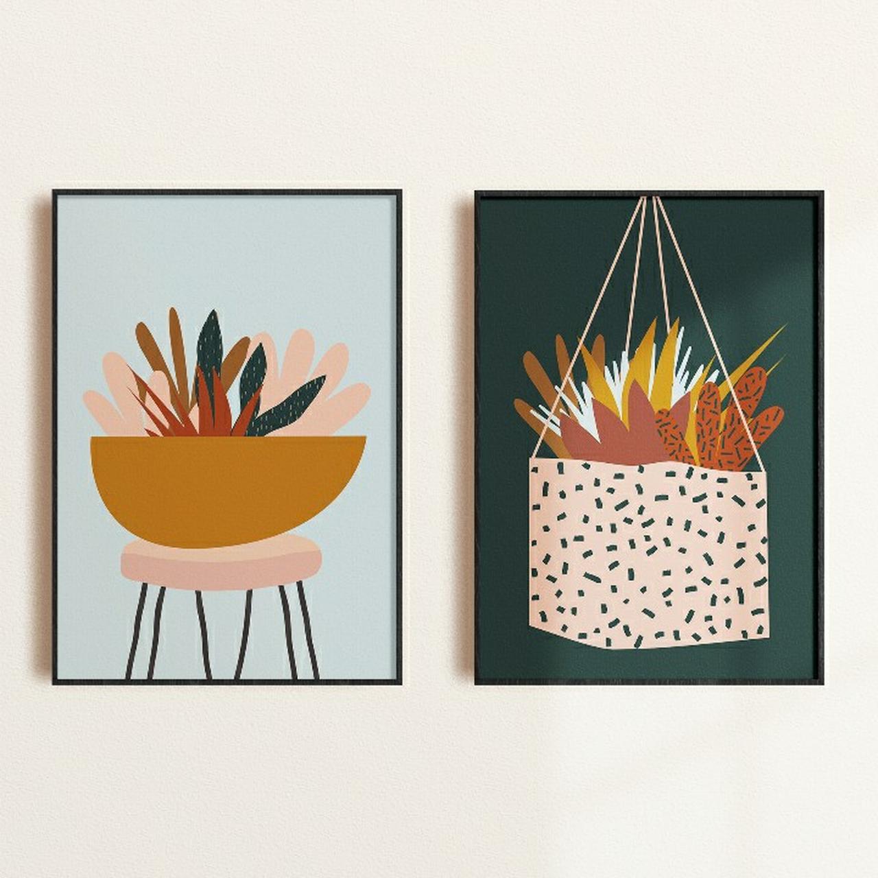 Set of two matching abstract plant pot graphic art... - Depop