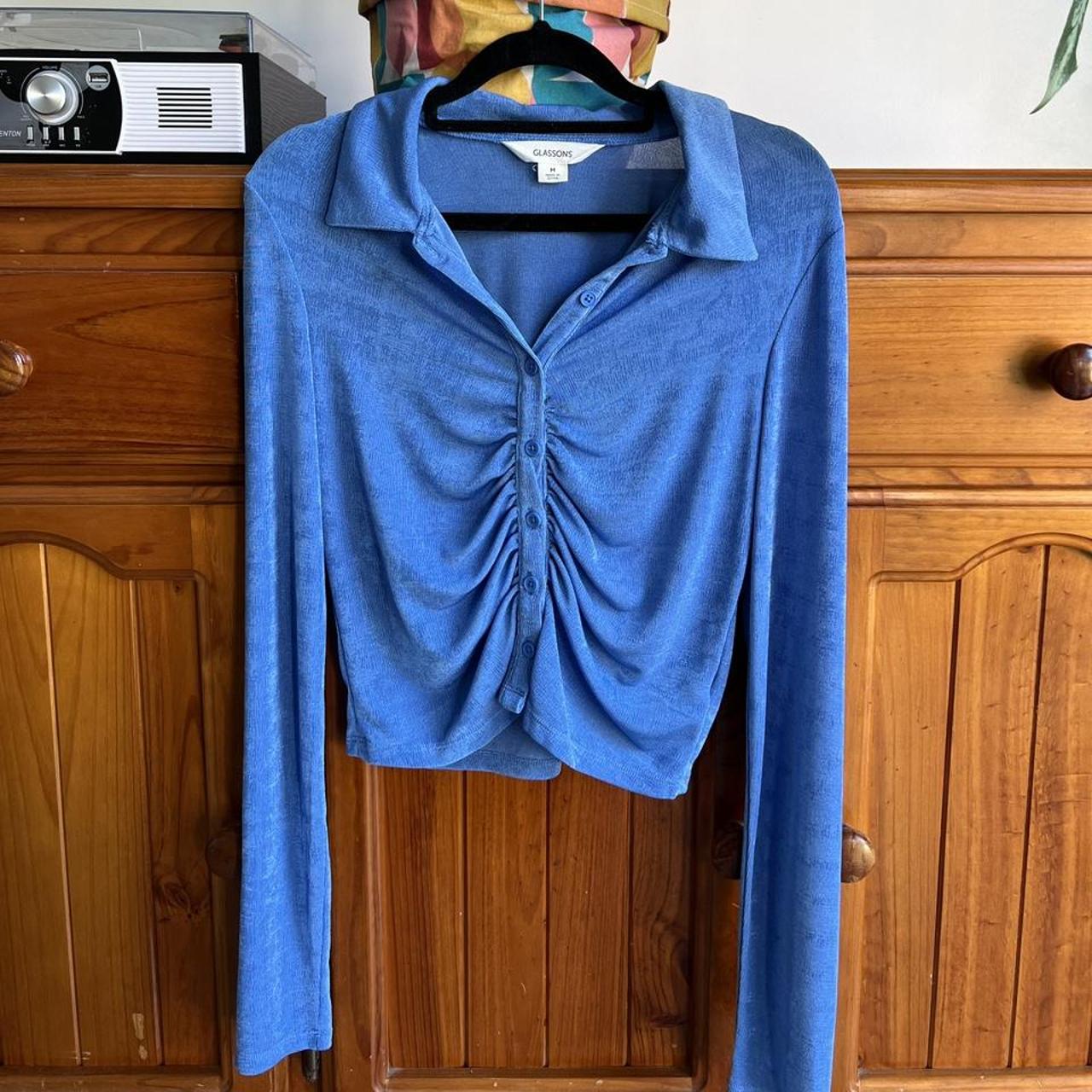 m blue ruched button up, long sleeve top from... - Depop