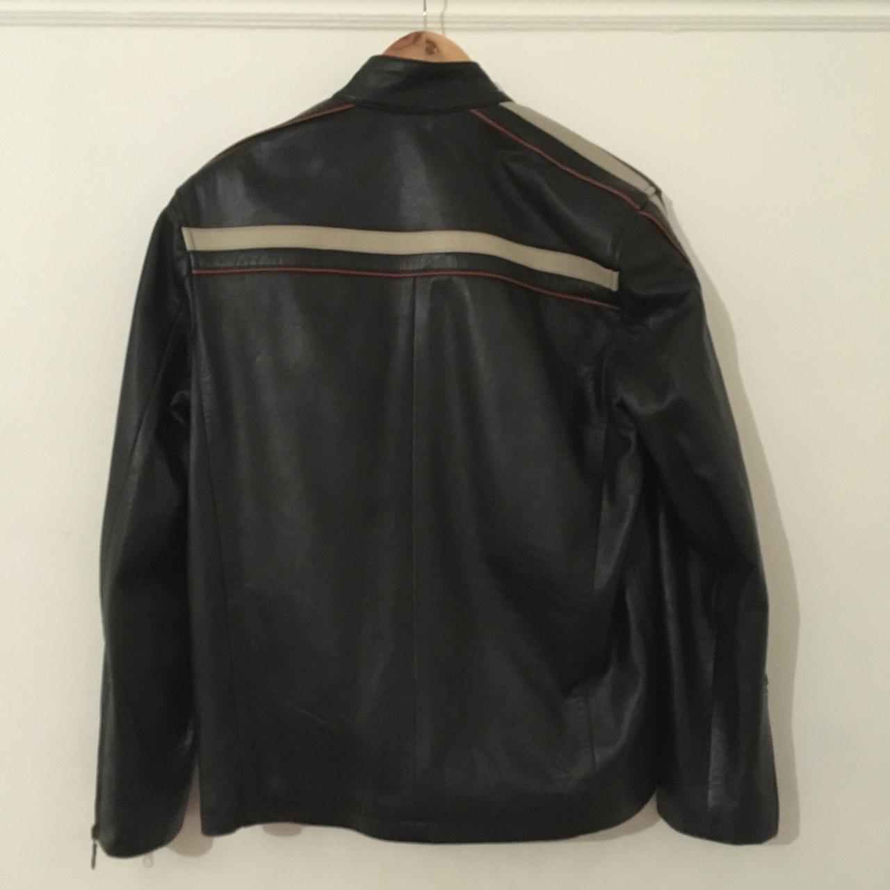 ️Black leather jacket with white and red stripe... - Depop