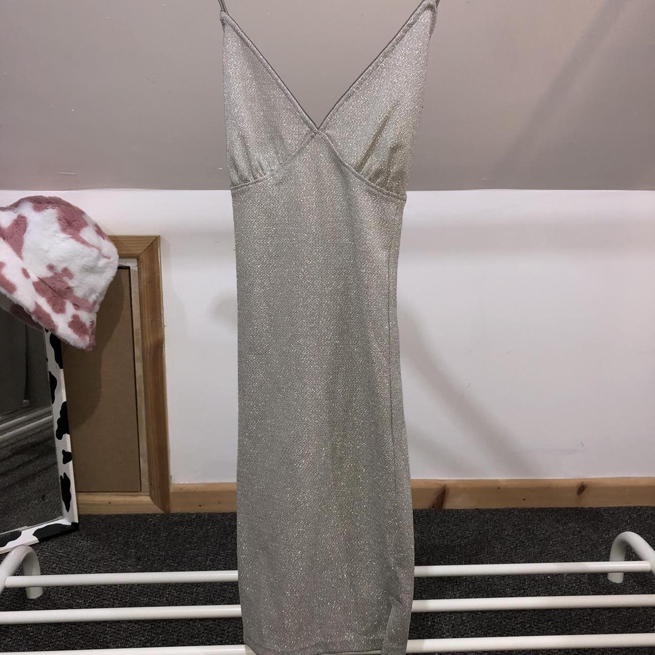 Cross-back silver glitter bodycon dress Size... - Depop