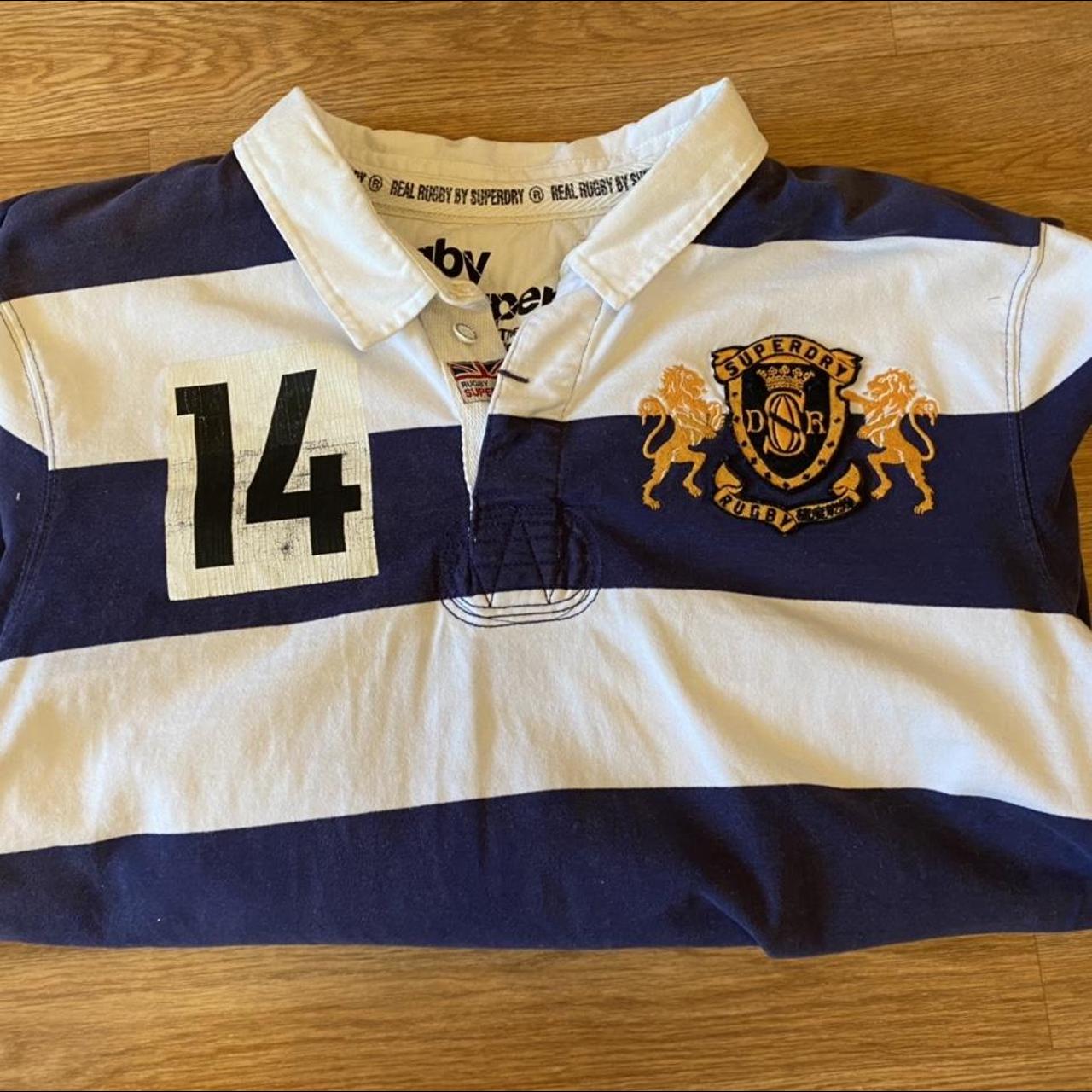 Superdry blue and white striped rugby shirt. - Depop