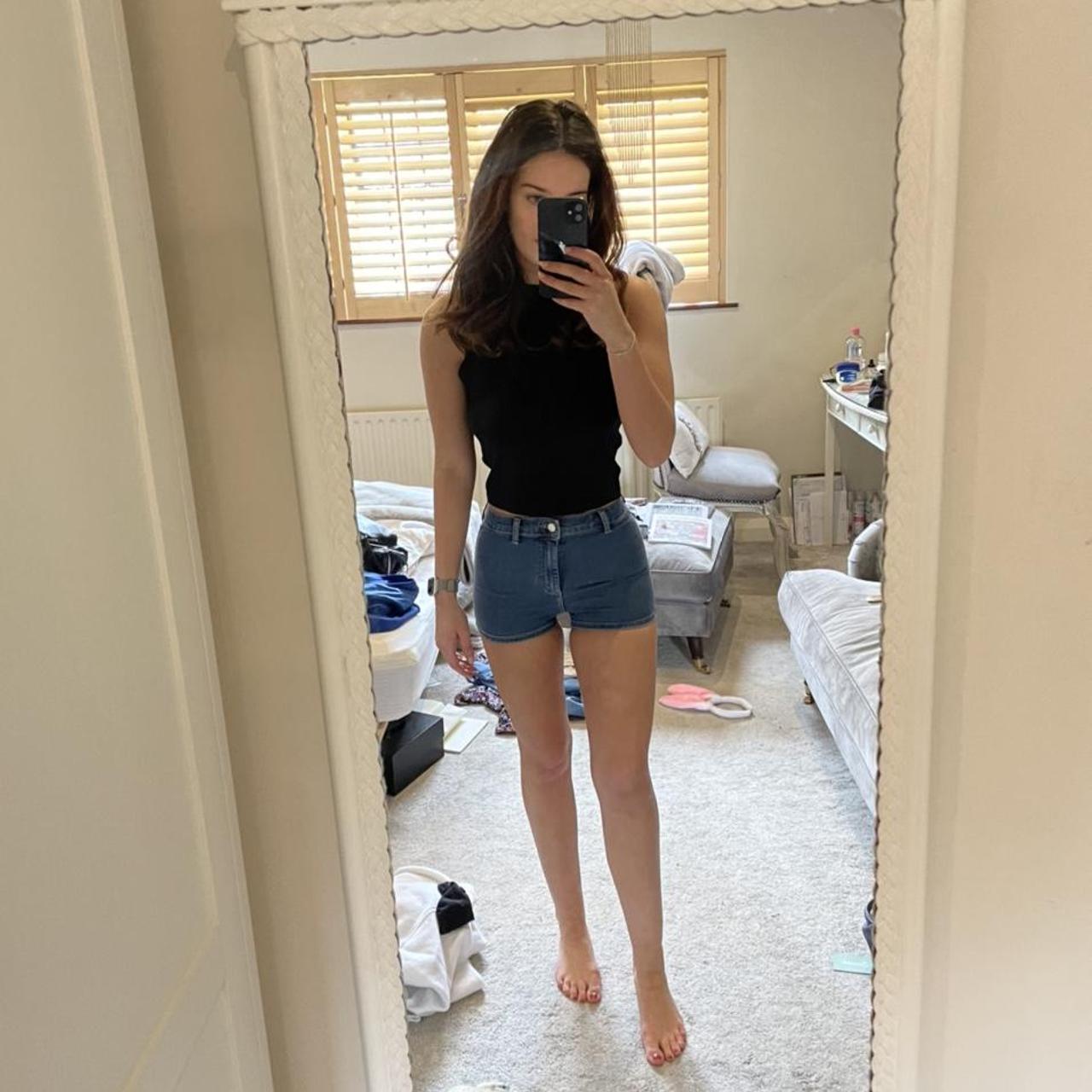 Topshop blue denim Joni shorts high waisted Size UK... - Depop